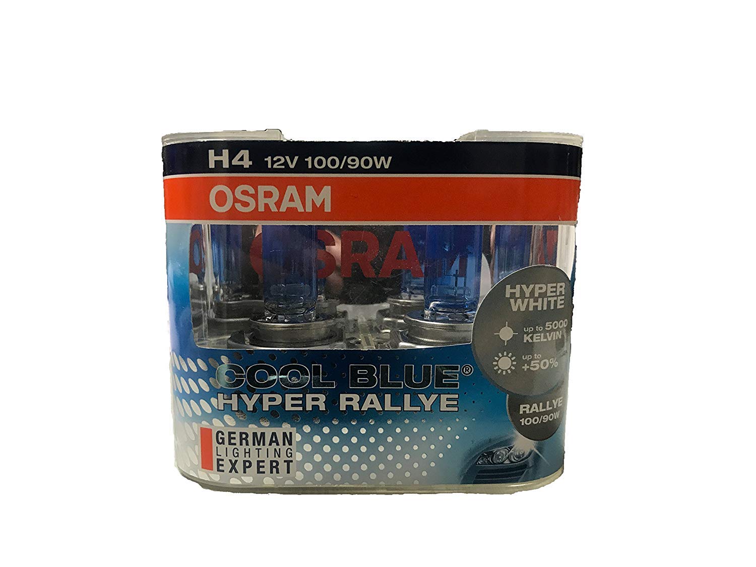 Osram Cool Blue Hyper Rallye H4 12V 100/90W P43T 5000K Duo Box : Amazon ...