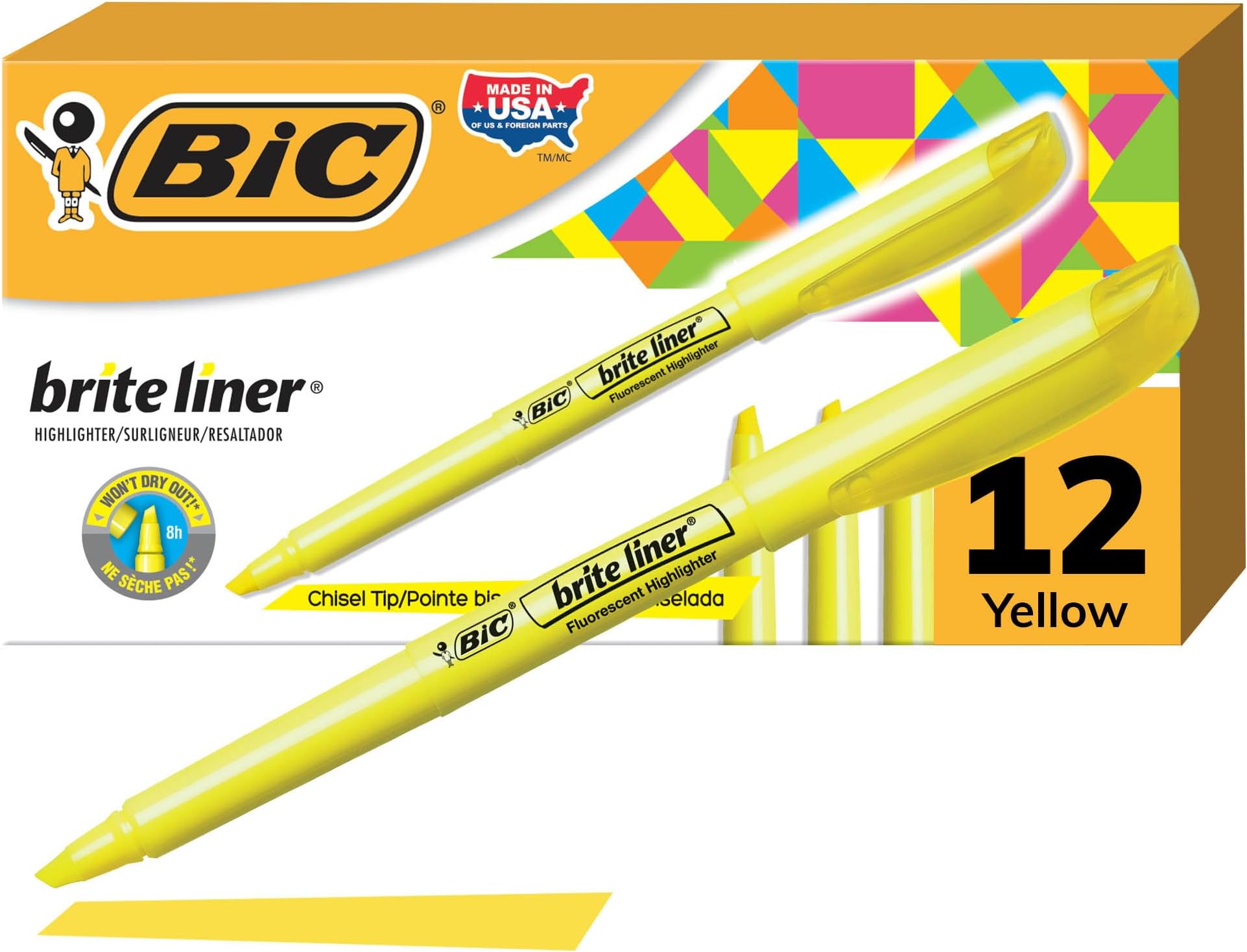 BIC Brite Liner Highlighters, Chisel Tip, 12-Count Box of Yellow ...
