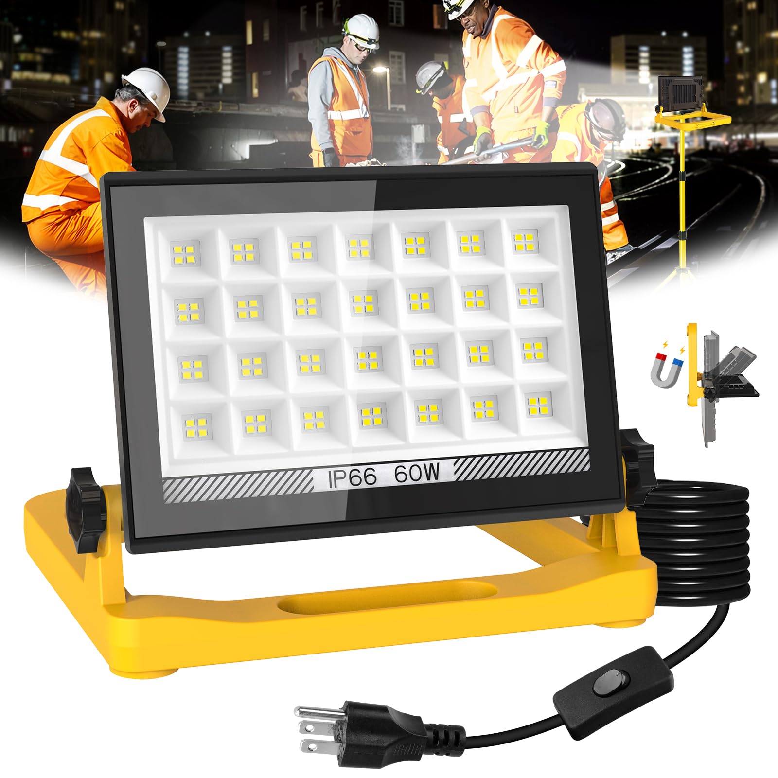 T-SUNiceM LED Work Light, 60W 6000LM Work Lights on Stand，LED Flood ...