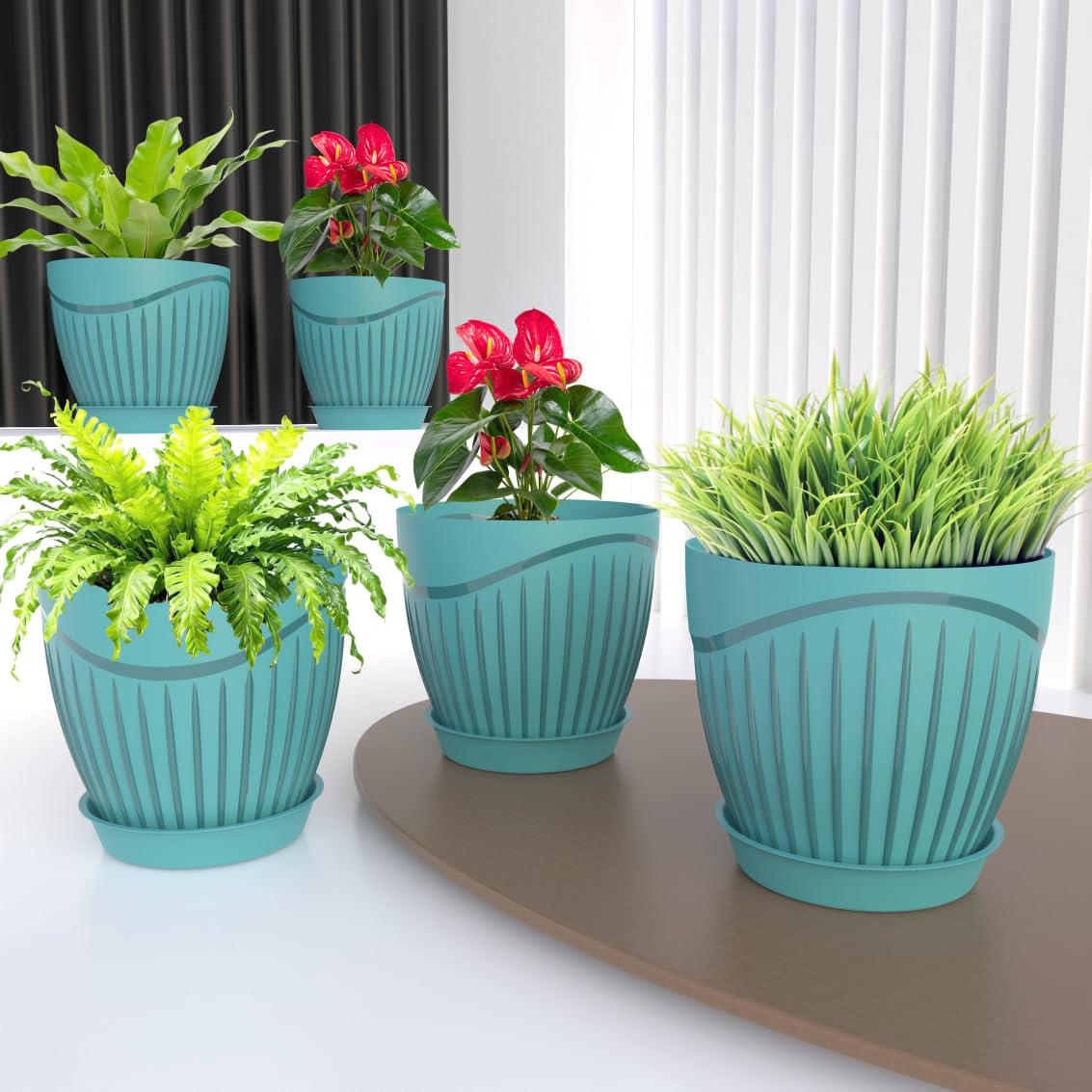 JD FRESH 5 Pack Plastic Round Flower Pots with Drainage & Bottom Tray ...