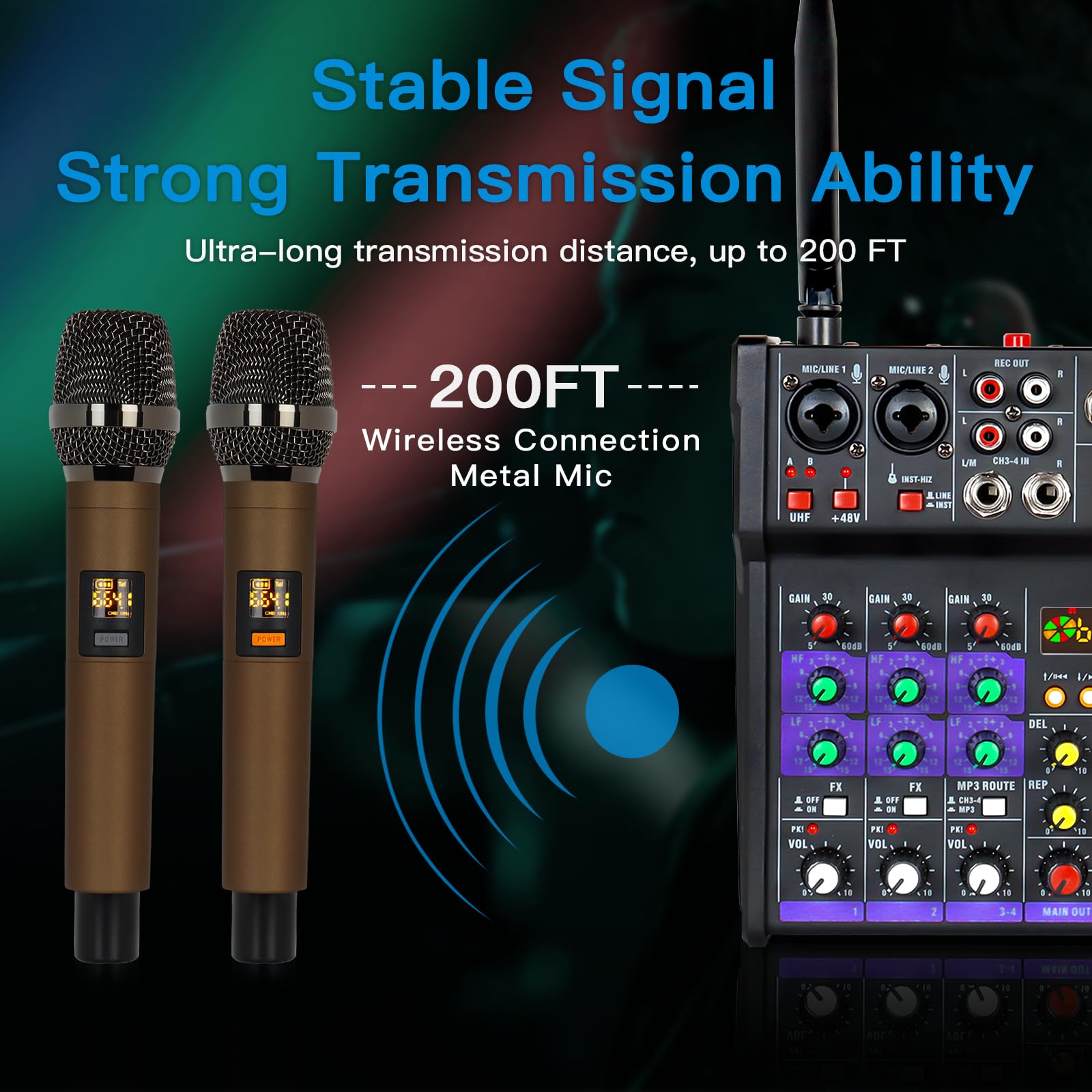 Audio Mixer 4 Channel DJ Mixer with Dual Wireless Microphone Sound ...