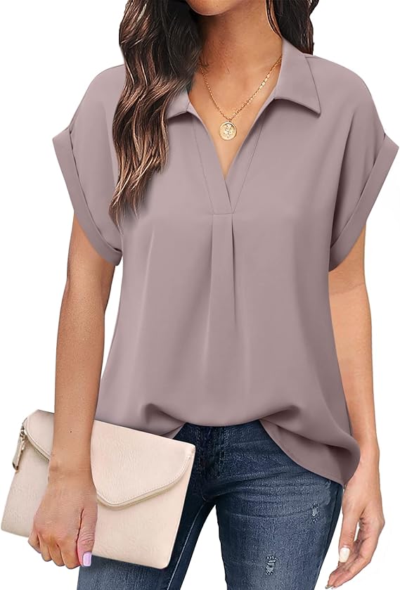 Messic Womens Short Sleeve Blouses Collared V Neck Shirts Chiffon ...