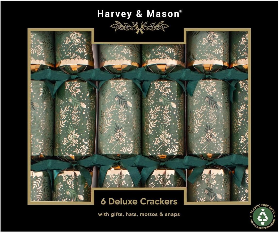 Harvey & Mason Pack of 6 Deluxe Green Gold Foliage Christmas Crackers - 13.5" Metallic Festive ...