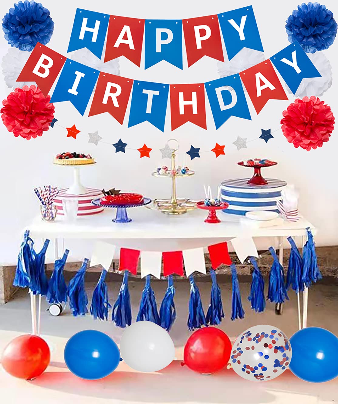 Blue White and Red Birthday Decorations, Patriotic Party Supplies Kit ...