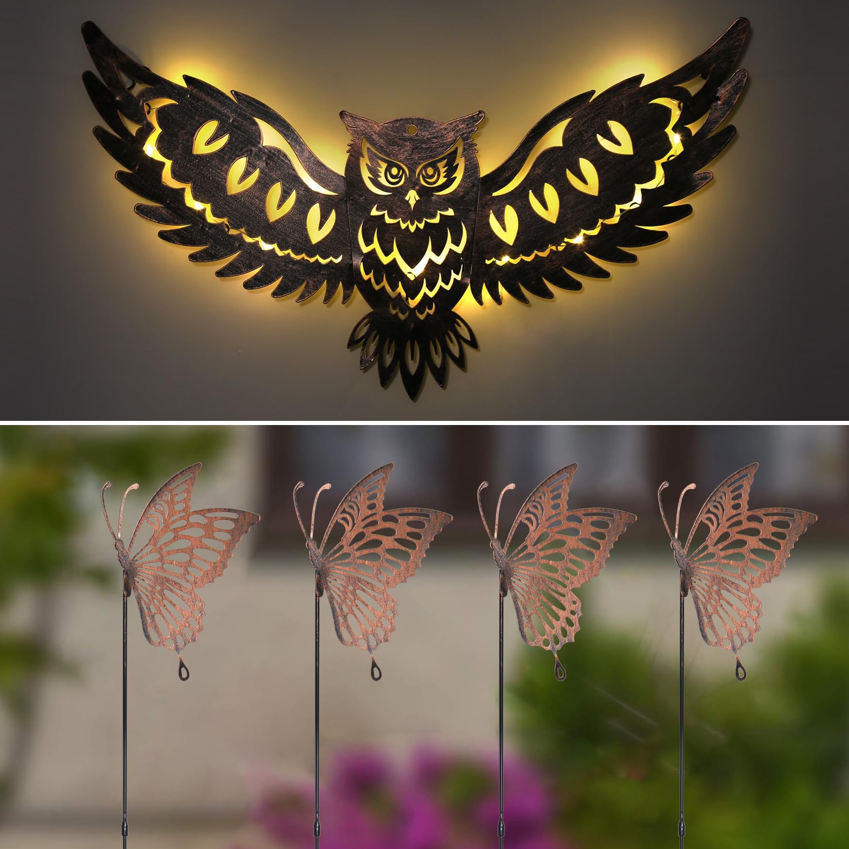 DIINOR Owl Butterfly Garden Decor Butterfly Metal Stake Owl Lights ...