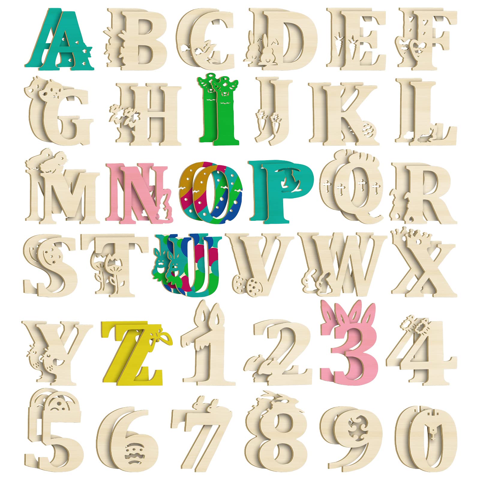 Buy 71 Pieces Wooden Alphabet Letters and Numbers Easter Wood DIY ...