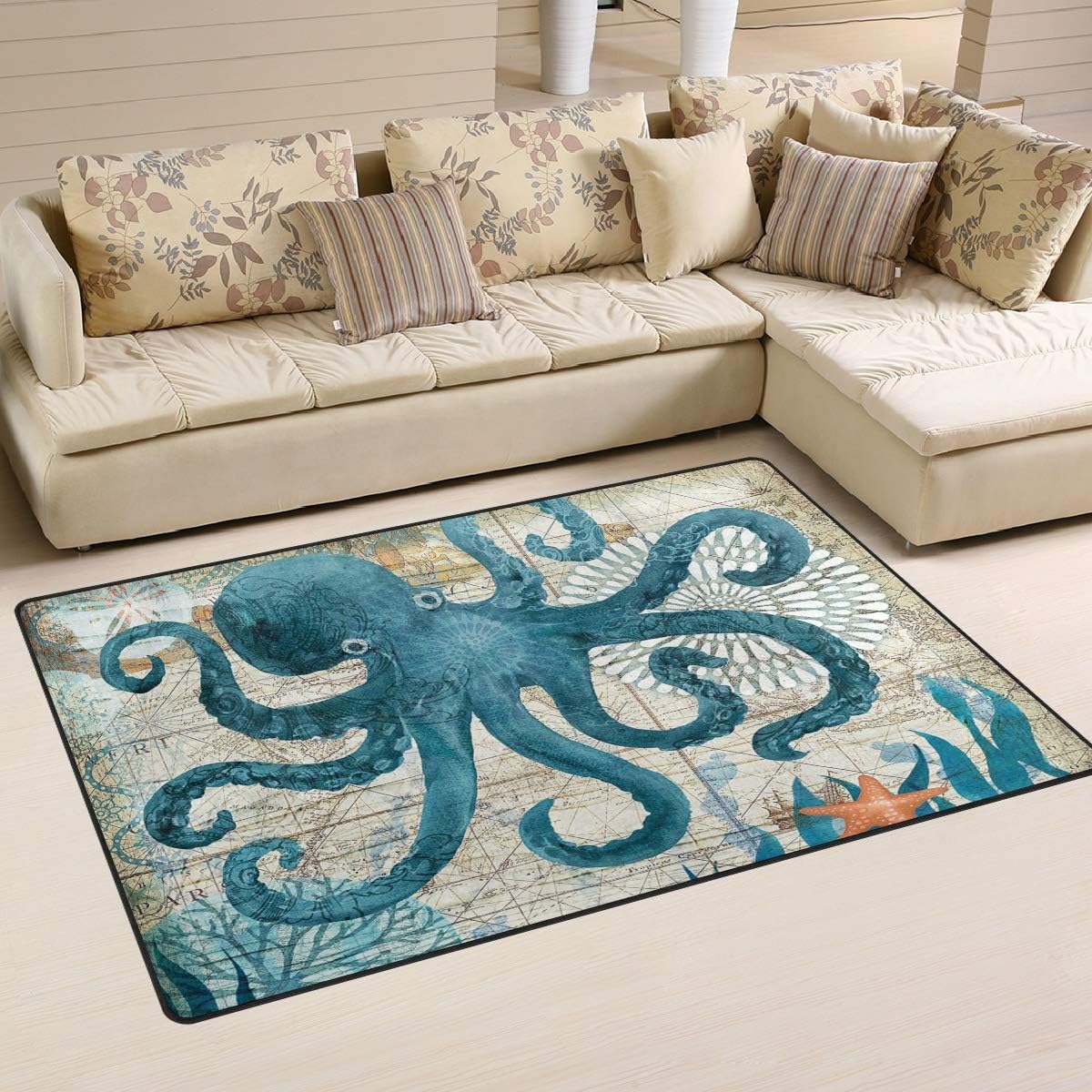 Amazon.com: Blue Octopus Nautical Map Area Rugs 5' x 3' Door Mats ...
