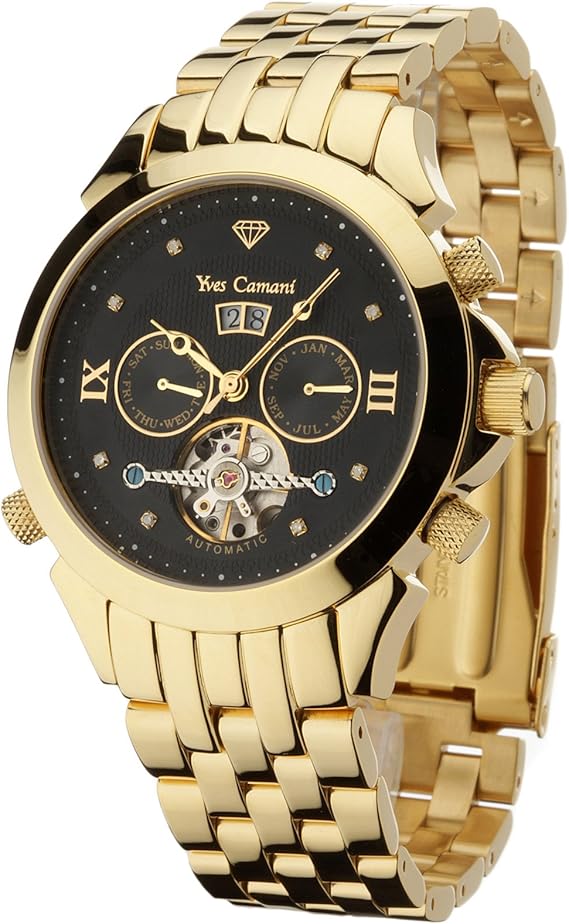 Yves Camani Gents Watch Navigator Automatic Diamonds Gold Black G-30803 ...