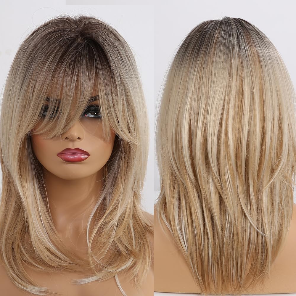 Amazon.com : DWY Shoulder Length Blonde Wig,Layered Synthetic Hair with ...
