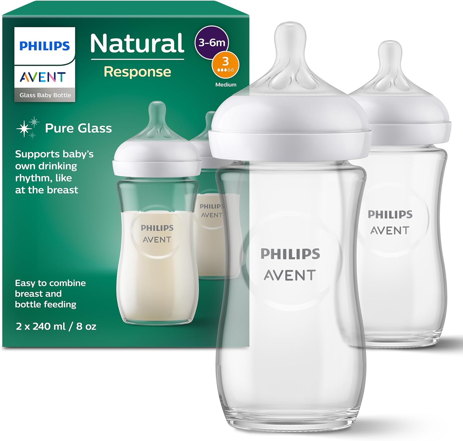 Philips Avent Natural Response Glass Baby Bottles 8oz/240 ml with ...