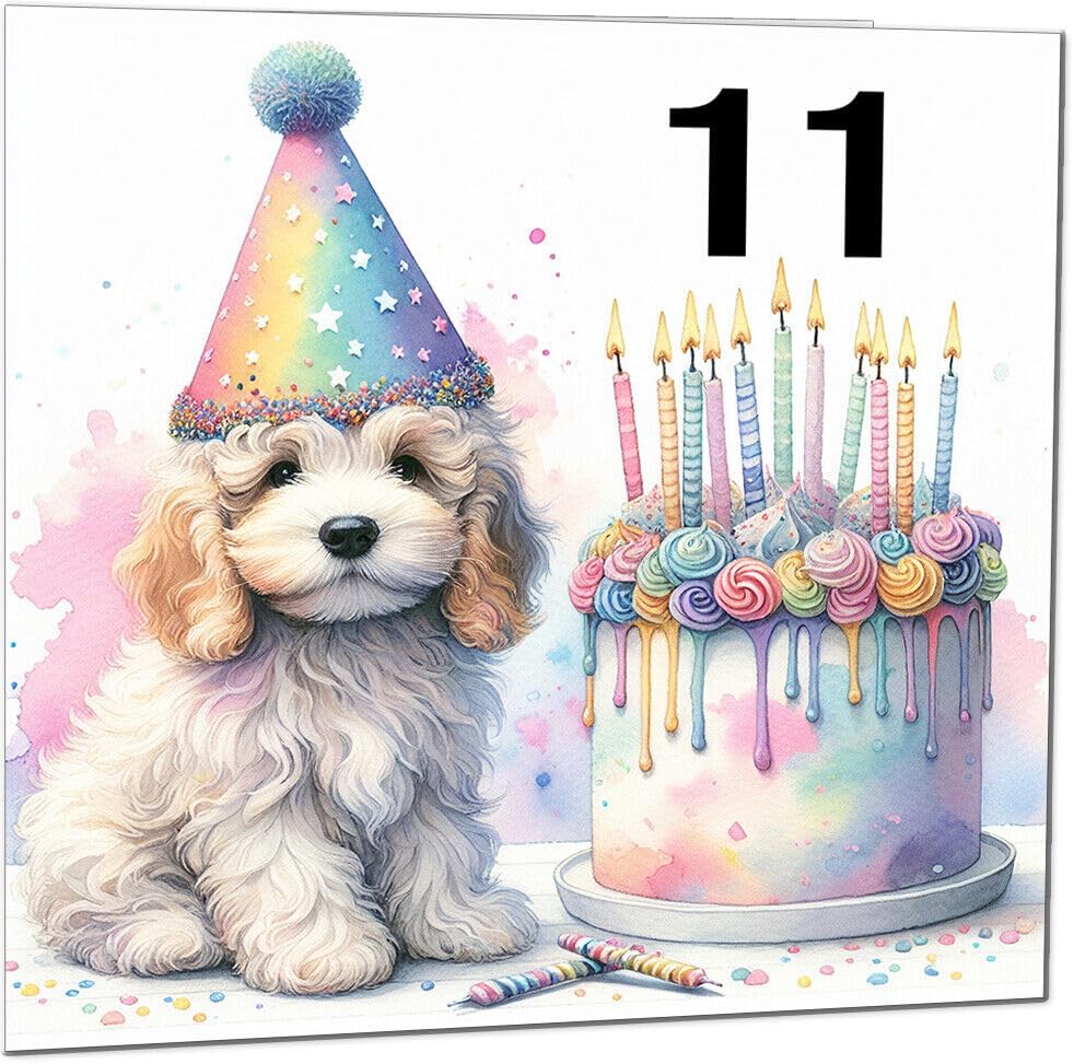 11th Kids Birthday Card - Cute dog watercolour rainbow Birthday Card ...