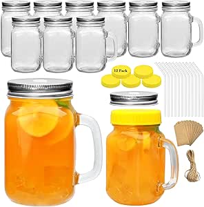 Amazon.com: QAPPDA Mason Jars with Handle, Glass Mugs with Straws and Sliver Lids 12 Pack,16oz ...
