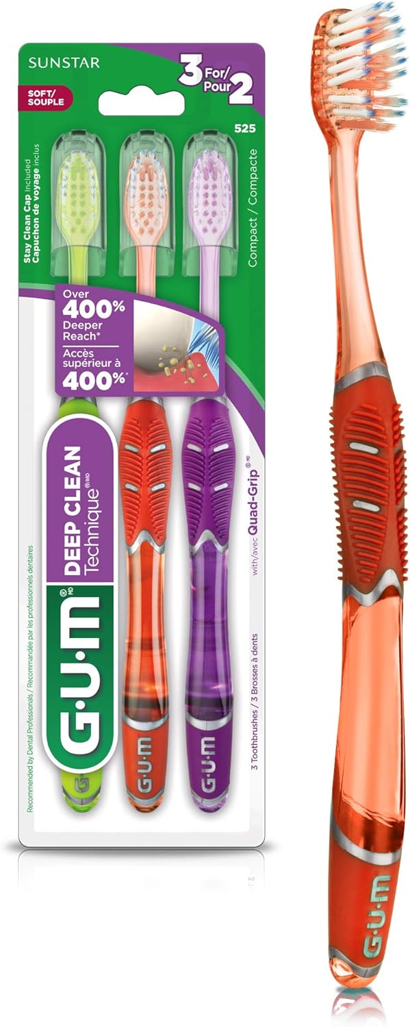 GUM Technique Deep Clean Toothbrush with Quad-Grip Handle, Compact Head ...