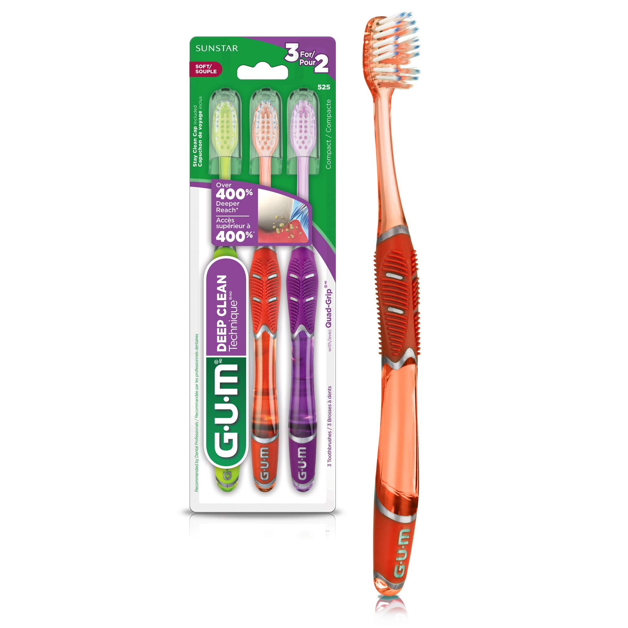 GUM Technique Deep Clean Toothbrush with Quad-Grip Handle, Compact Head ...