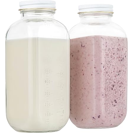 Amazon.com: kitchentoolz 16oz Square Glass Milk Bottle with Plastic ...