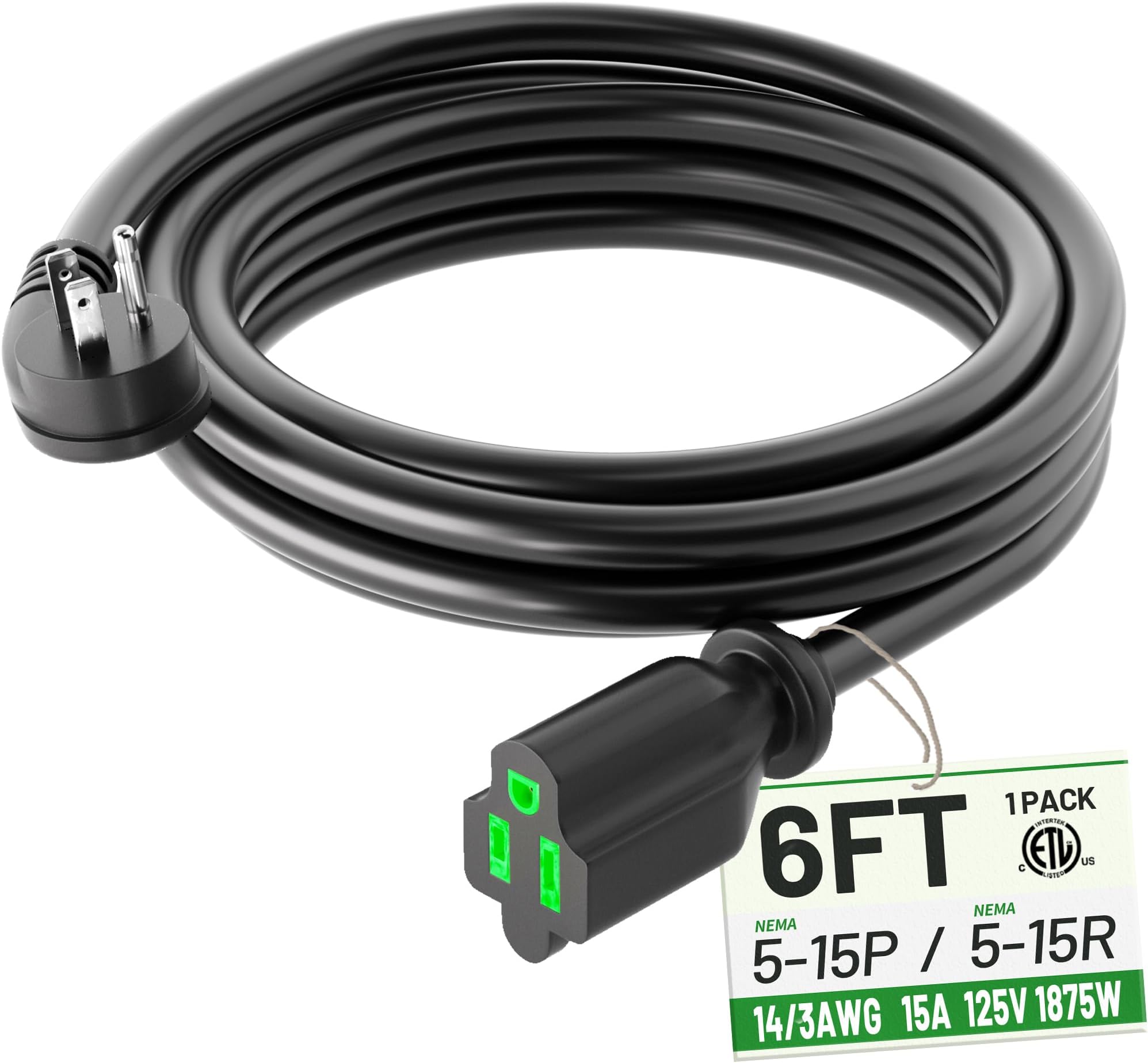 Amazon.com: POWGRN 6 Foot Flat Plug Extension Cord Black, 14/3 Gauge ...