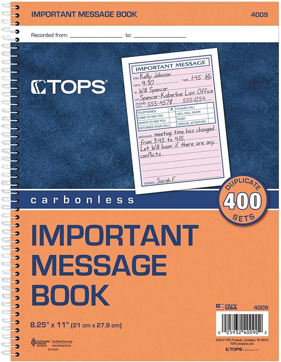 Amazon.com : TOPS Phone Message Book, Spiral Bound, 2-Part, Carbonless ...