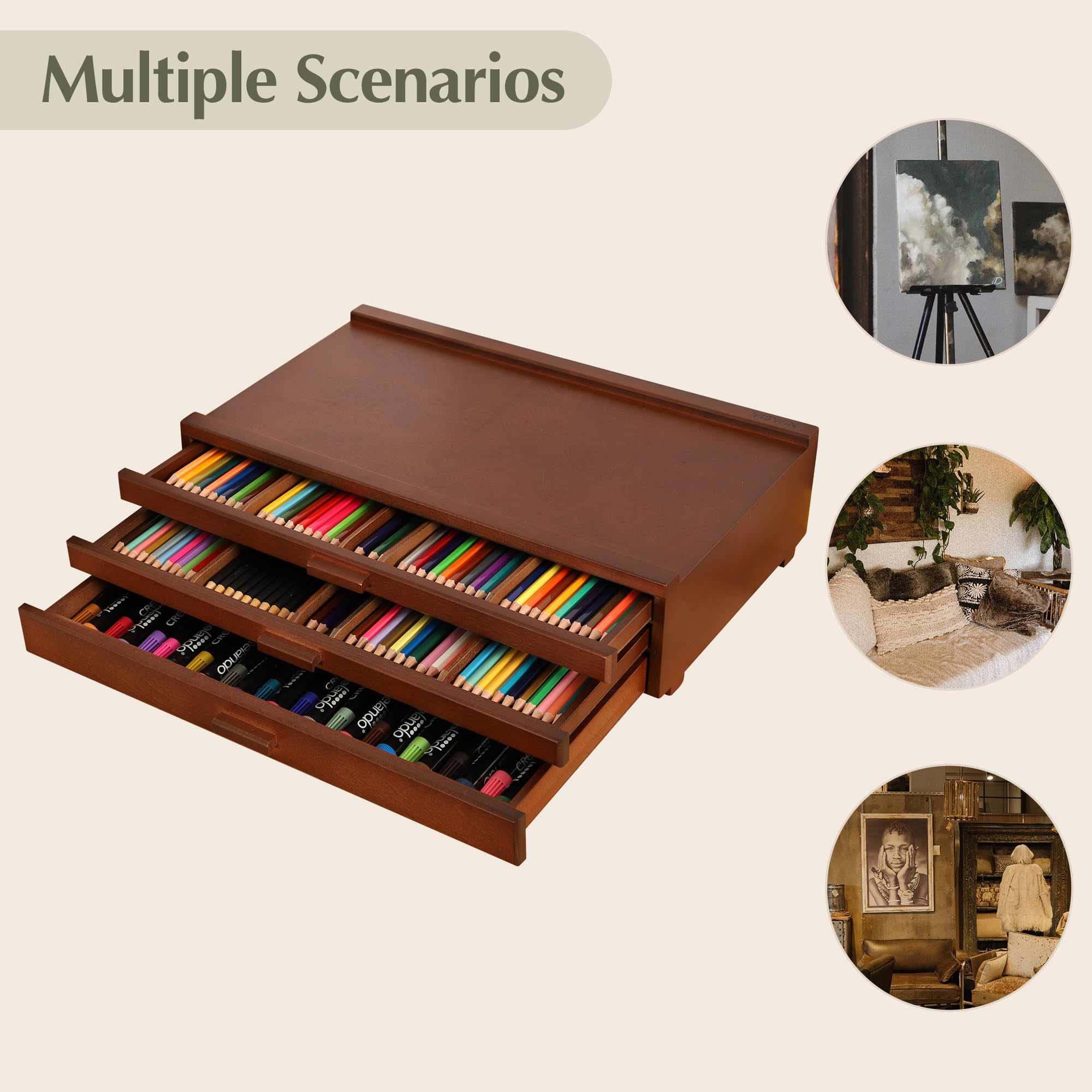 VISWIN Upgraded 3-Drawer Wood Artist Supply Storage Box with Removable ...
