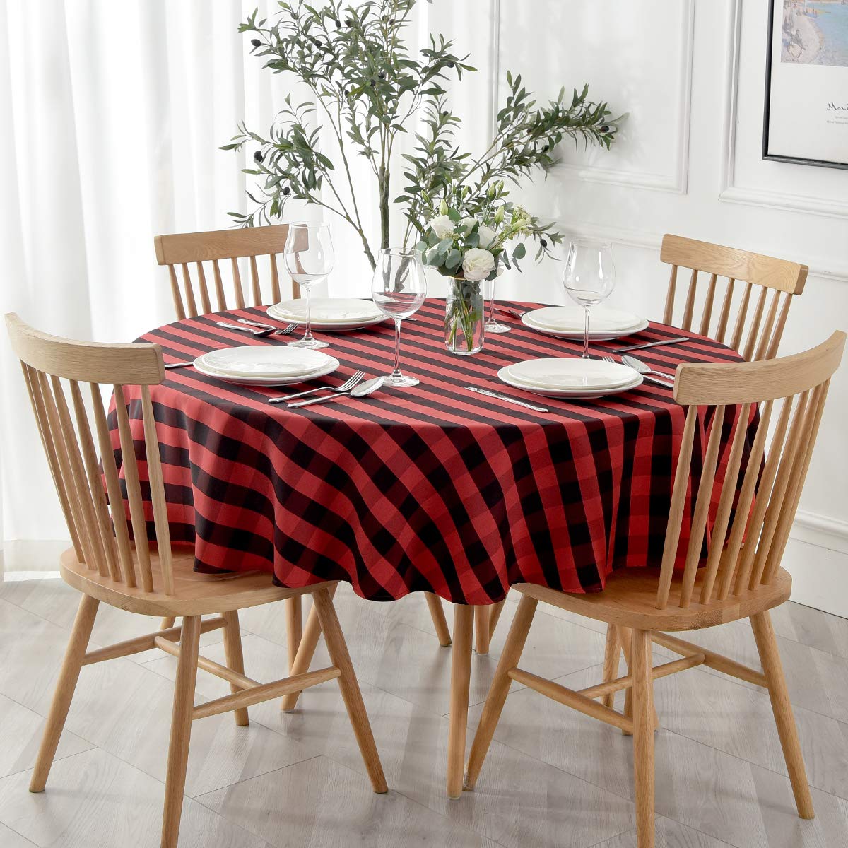 Amazon.com: maxmill Round Checkered Tablecloth Spillproof Wrinkle Free ...