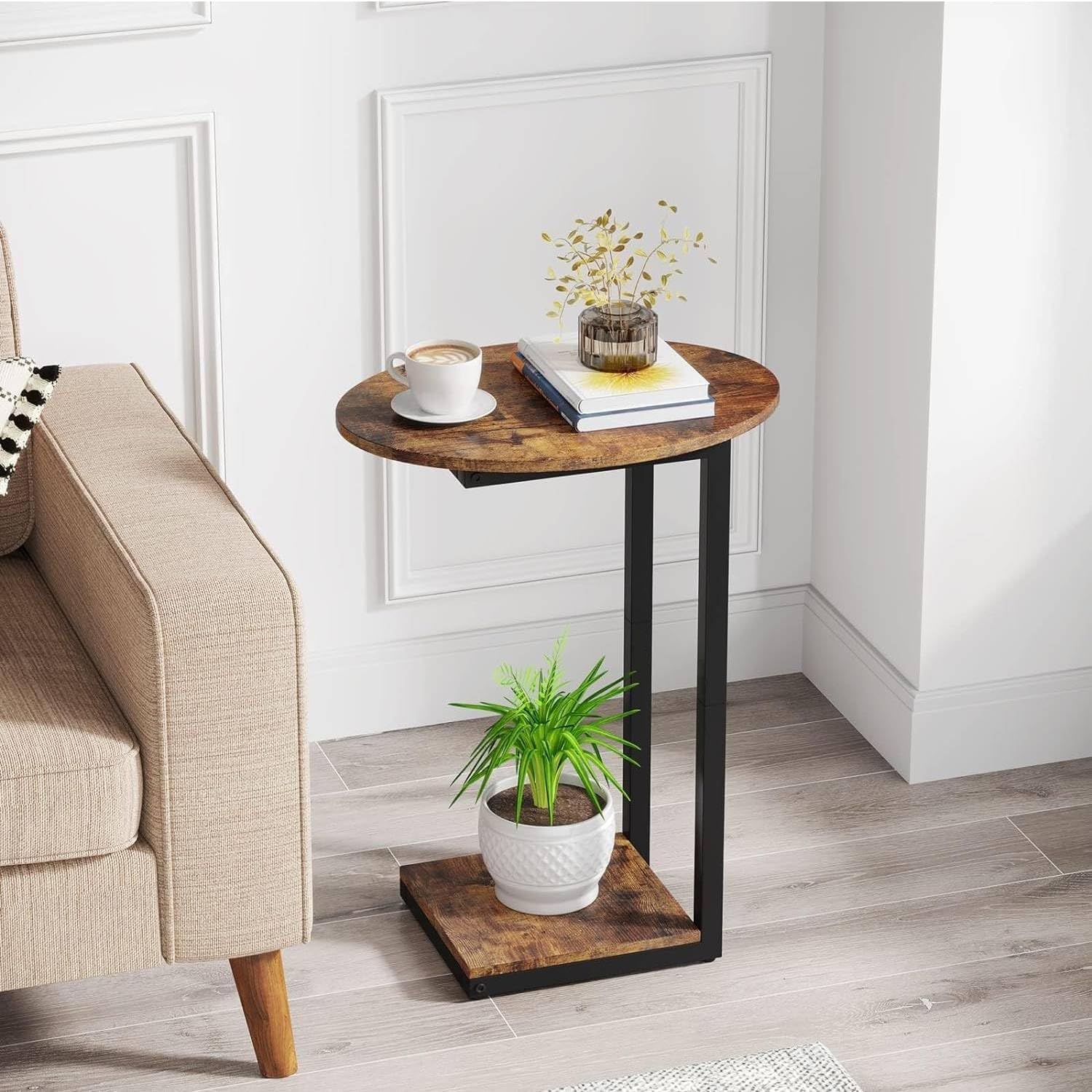 Hosfais Side Table Small End Table: C-Shaped Wood Sofa Table with Metal ...