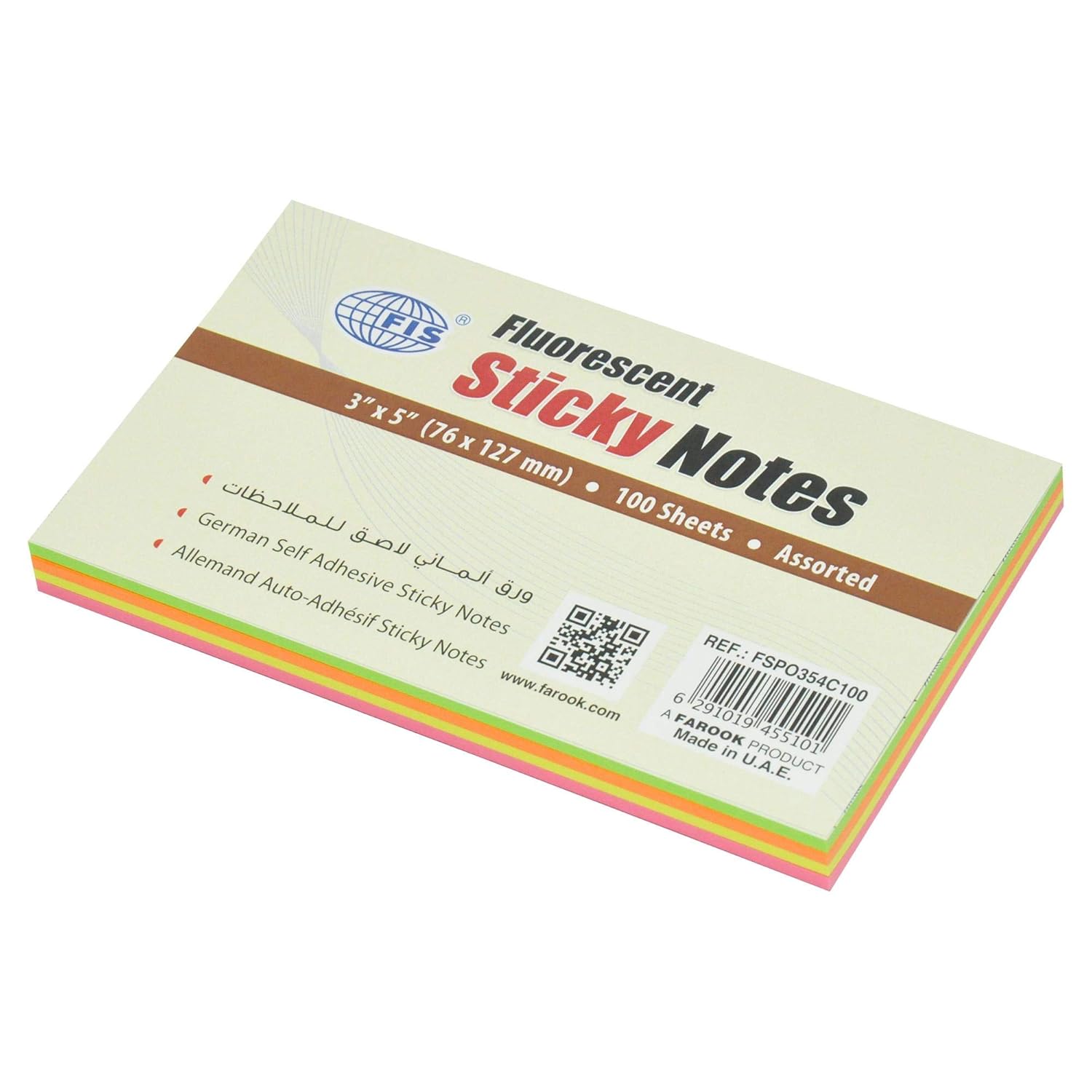 FIS Sticky Note, 4 Assorted Fluorescent Colours, Size 3 x 5 Inch, 100 ...