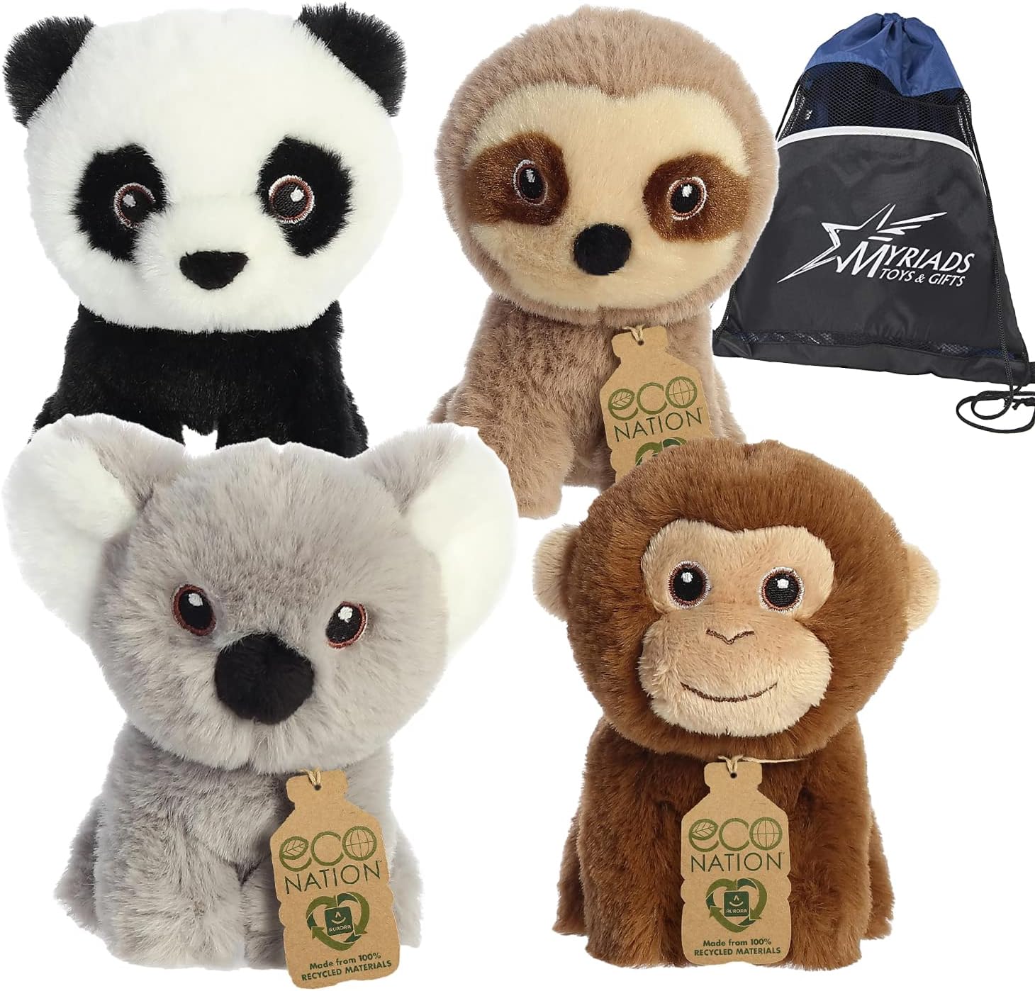 Amazon.com: Aurora Eco Nation Mini Plush Set of 4: Panda, Sloth, Monkey ...
