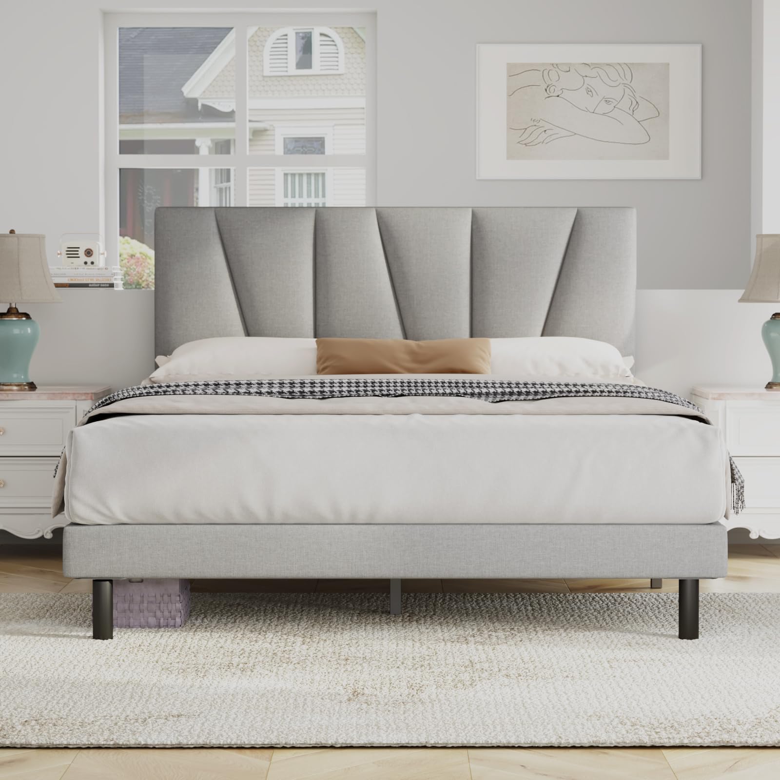 Cadre de lit Queen size avec tête de lit rembourrée, tissu en lin ...