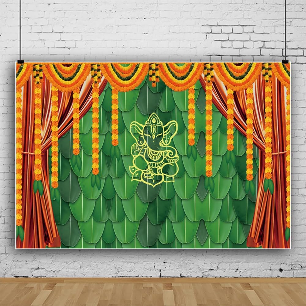 Amazon.com : 7x5ft Vinyl Indian Pooja Backdrop Marigold Green Banana ...