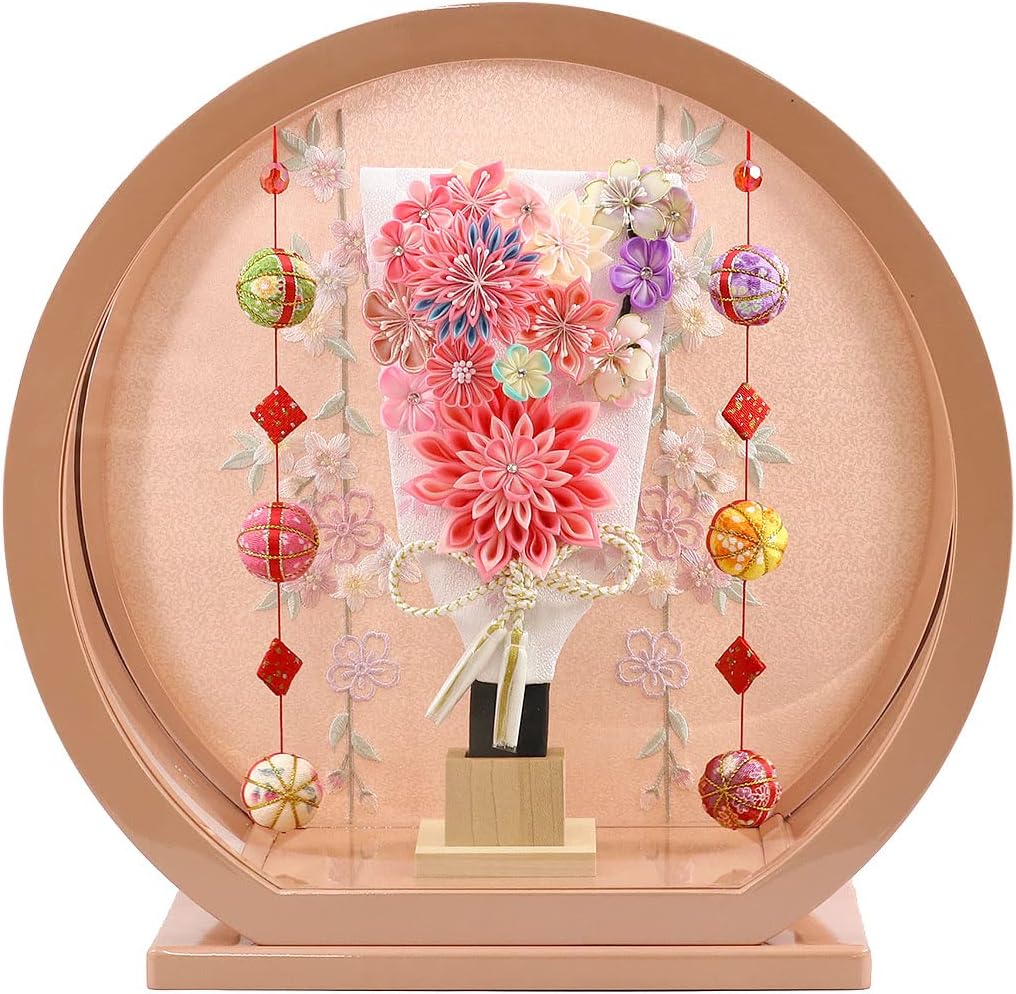 Amazon | 羽子板 つまみ細工 羽子板 ピンク パールピンク塗り 鞠三連つるし付き 円形 丸型アクリルケース ミニ羽子板 羽子板飾り 初正月 HGH-NO3A-H13 | 正月飾り | おもちゃ