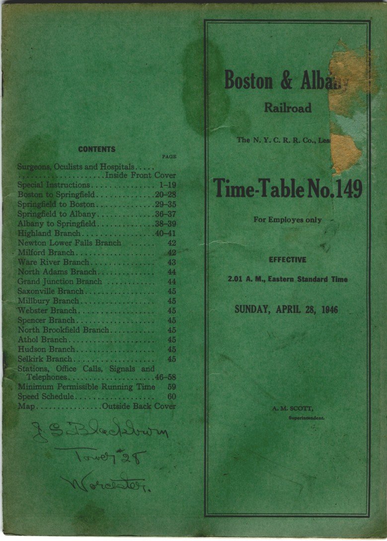 Boston and Albany Railroad. Time-table No. 149 for Employees Only ...