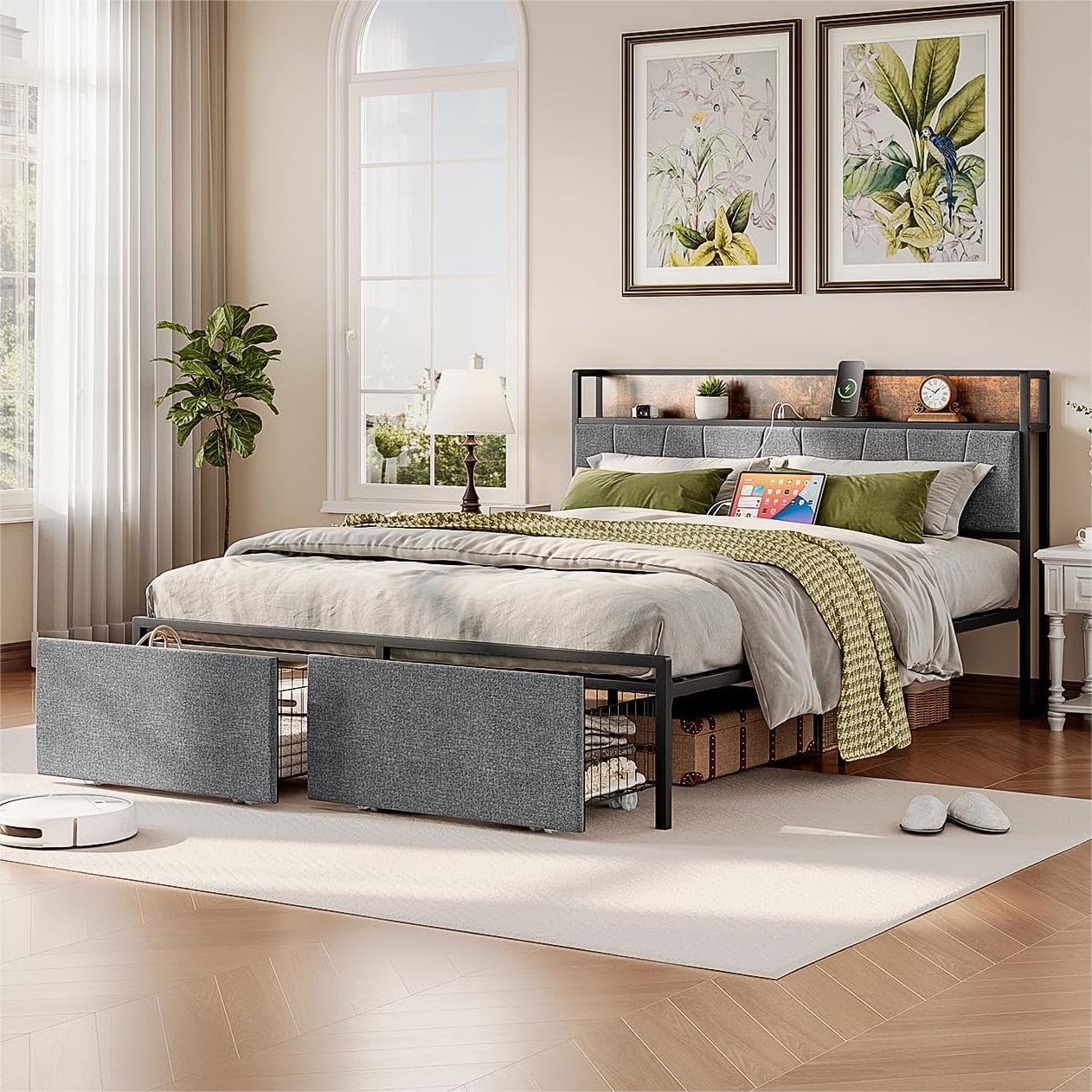 Amazon.com: ClouDDwell Queen Size Bed Frame with Headboard and Storage ...