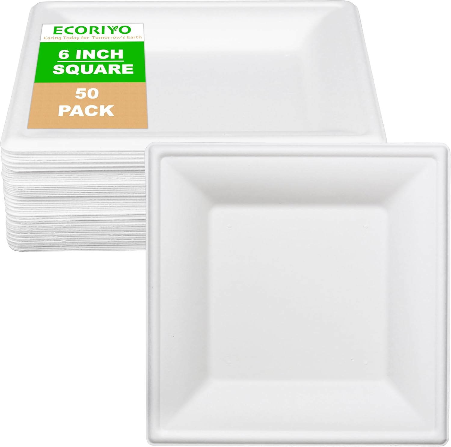 ECORIYO 6-Inch Square Paper Plates Bagasse Sugarcane Plates - 50-Pack ...