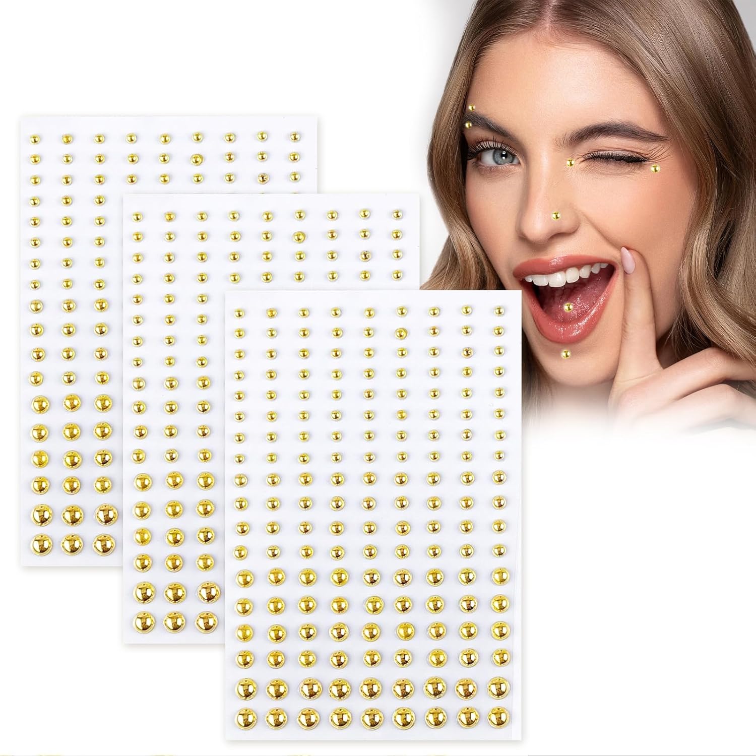 Moguri 3 Sheets of Gold Face Gems, Fake Lip and Nose Stud Stickers ...