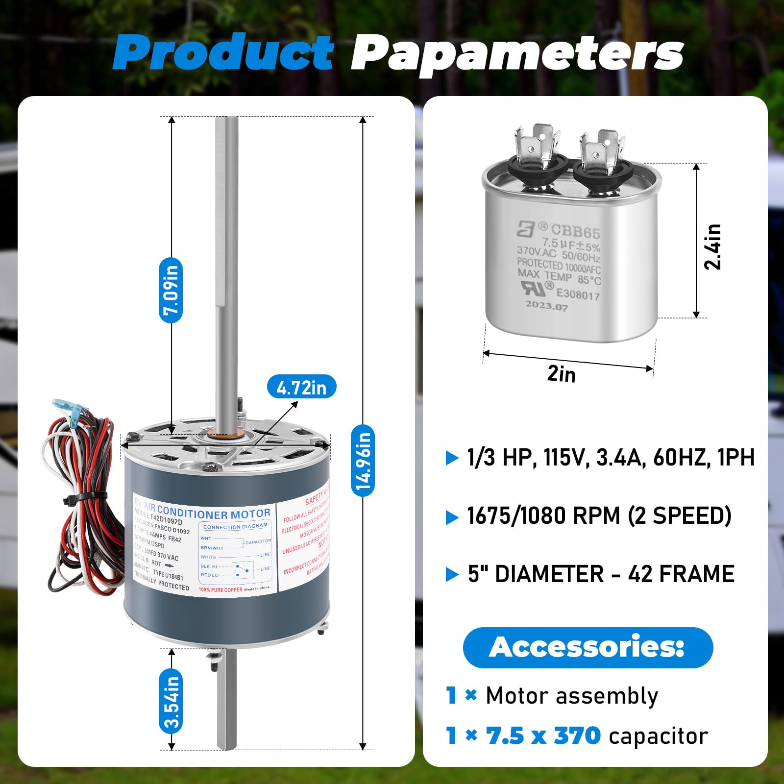 Snapklik.com : Condenser Fan Motor D1092, 1/3 HP, 115 Volts, 3.4 Amps ...