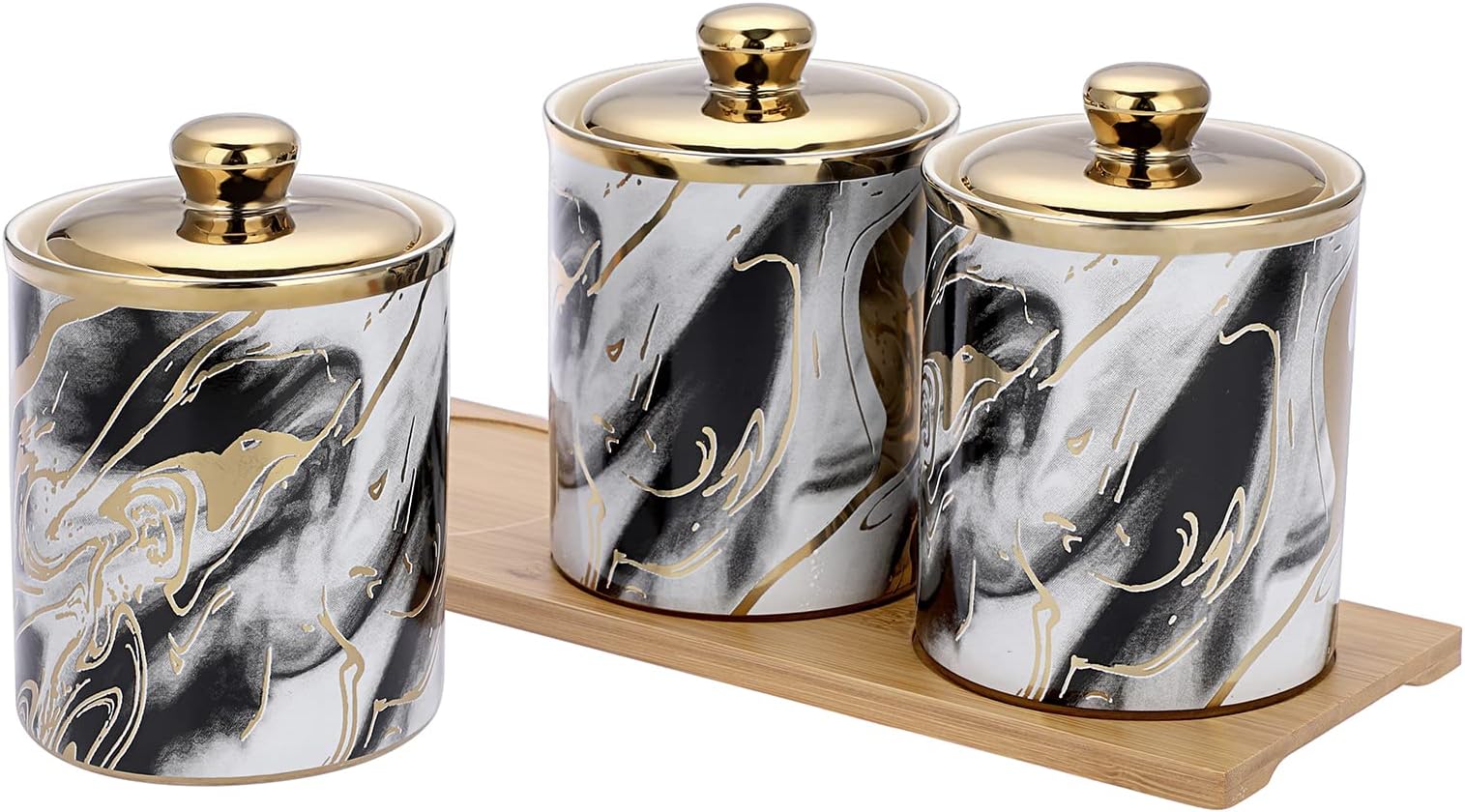 BTSKY White and Black Ceramic Canisters Set with Lid and Wood Tray ...