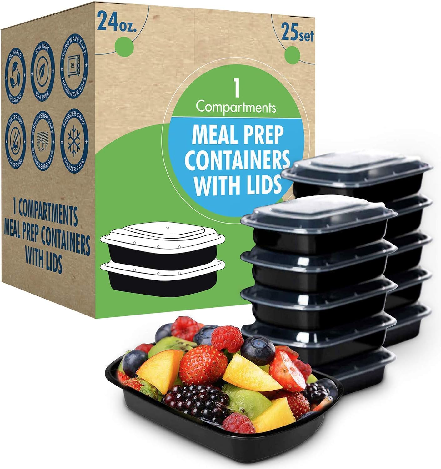 Amazon.com: Meal Prep Container Reusable with Lids [25 Set] 24oz. Ideal ...