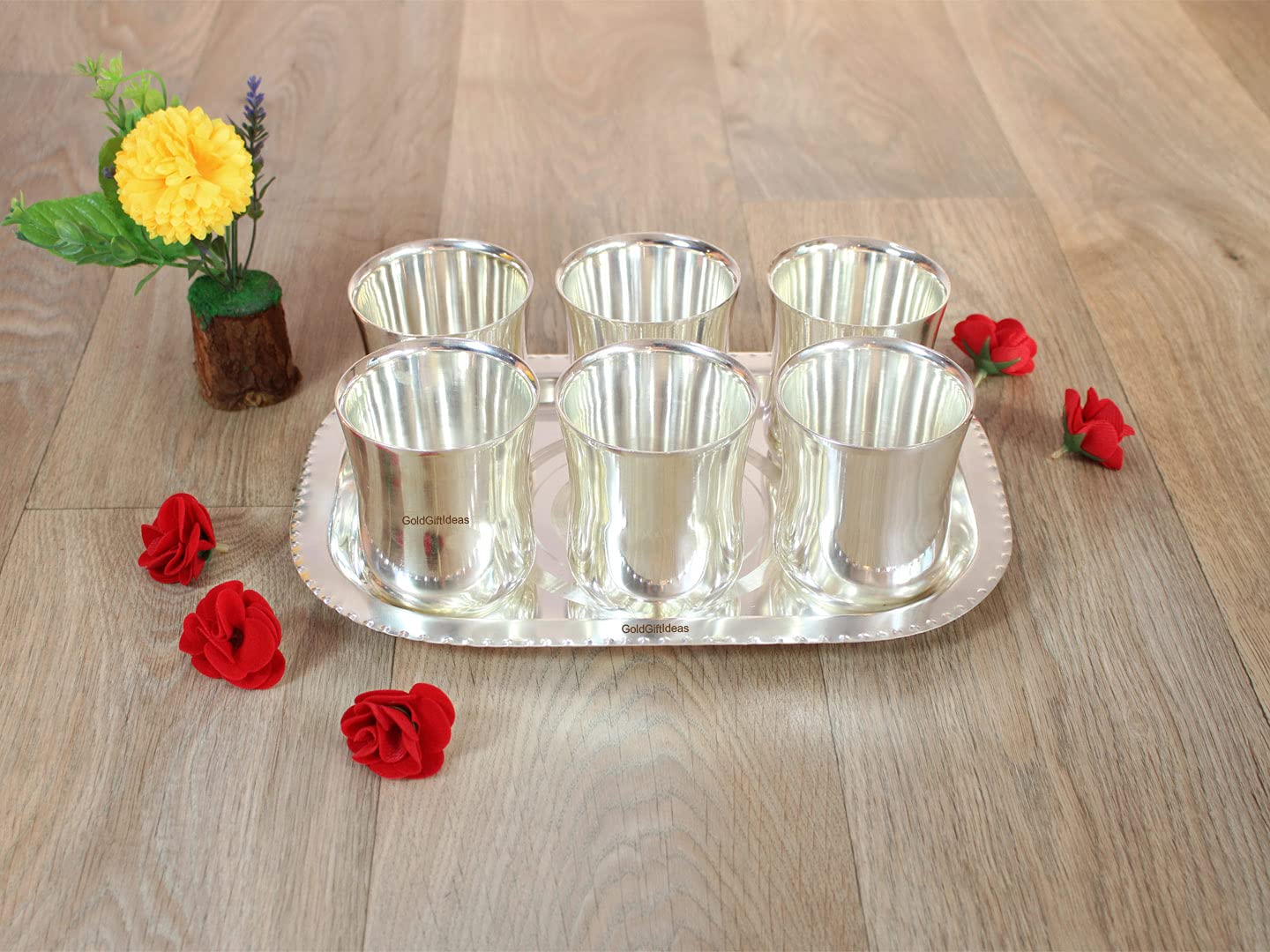 Buy GoldGiftIdeas Six Silver Plated Double Wall Glass Set with Tray ...