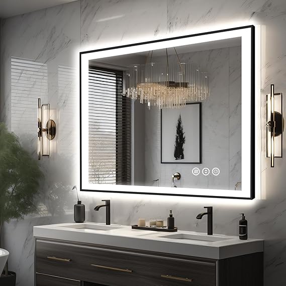 Amazon.com: Megatex 40x36 Lighted Bathroom Mirror, Wall-Mounted, Black ...