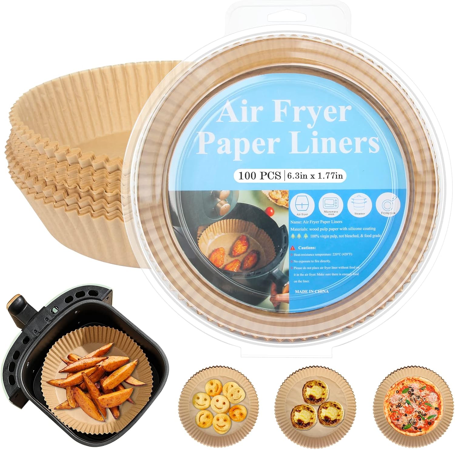 Lucky Sue Air Fryer Liners, 100PCS Parchment Paper, 6.3IN Round Paper ...