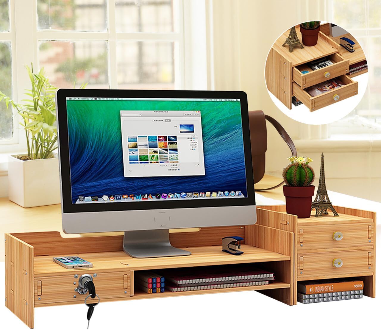 Kaichenyt Monitor Stand, Screen Stand Wood Material with Drawers 2 ...