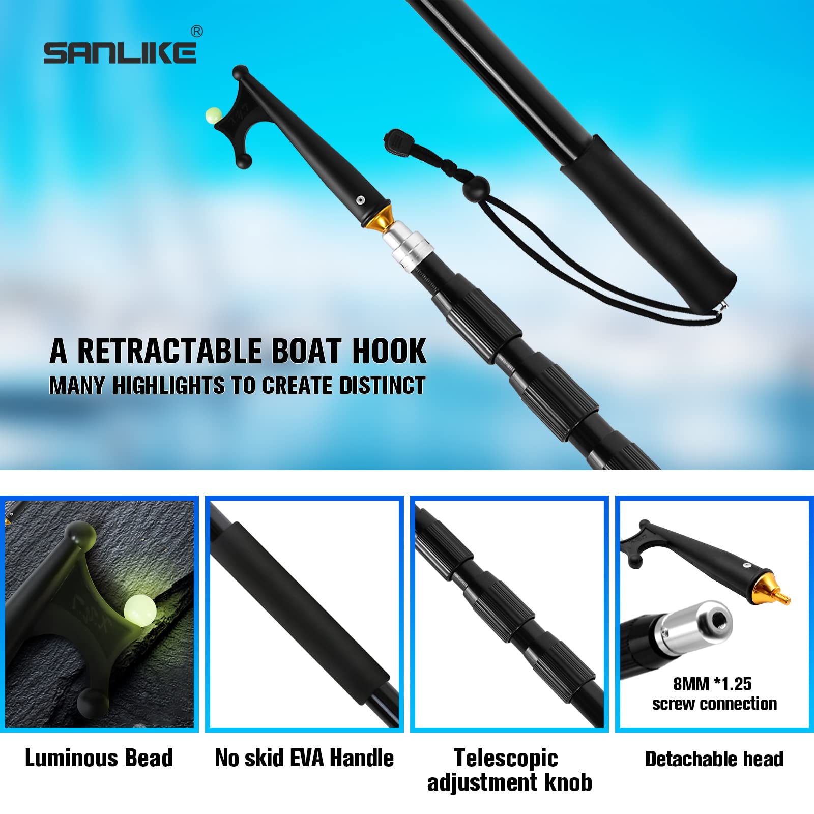 SANLIKE Boat Hooks for Docking Telescoping Extension Pole Hook with ...