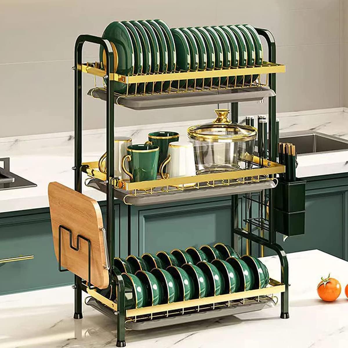 CHESTON 3-Layer Kitchen Dish Rack with Plate and Bowl Holder ...