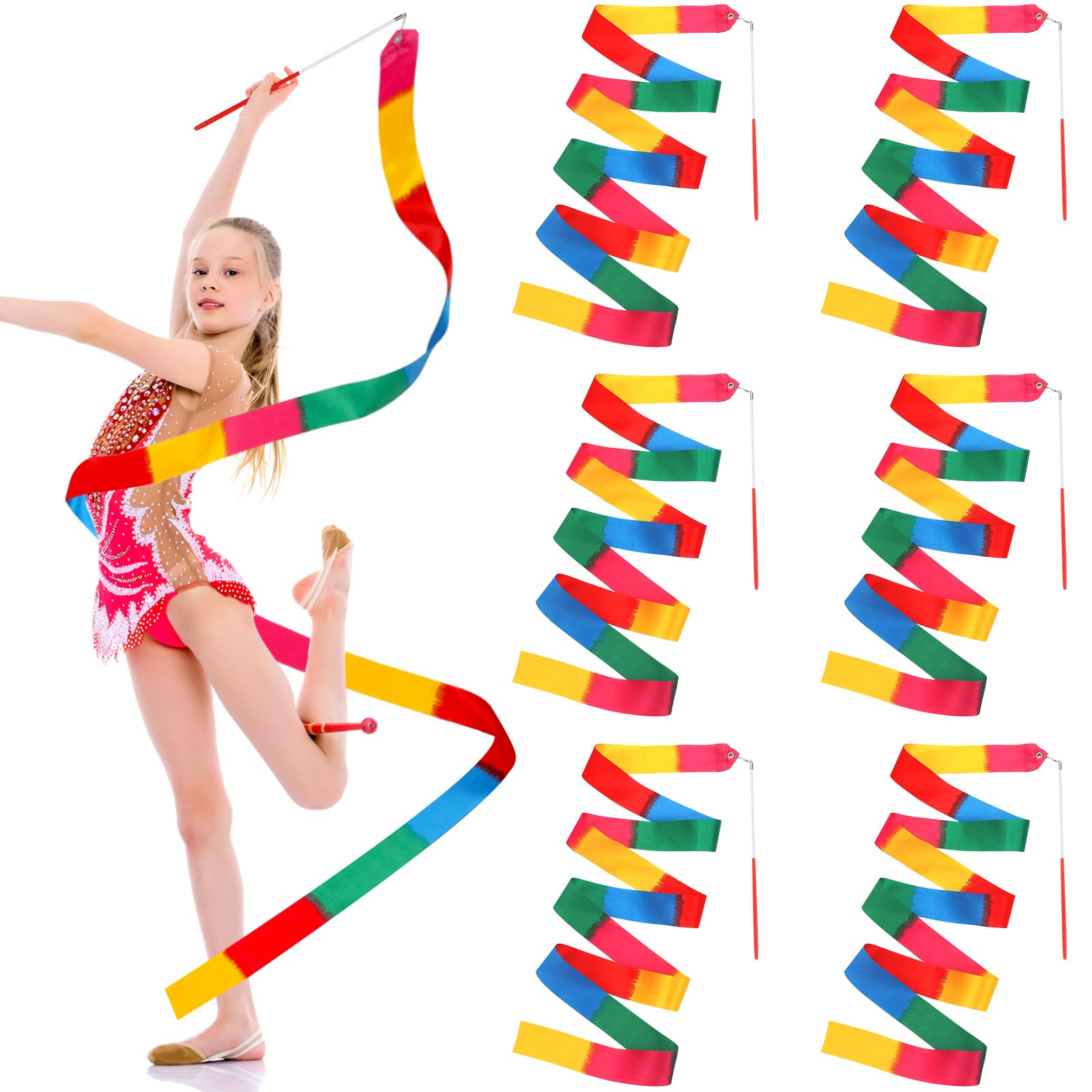 Sinmoe 6 Pcs Multicolor Dance Ribbons 78.7 Inch Gymnastic Ribbons with ...