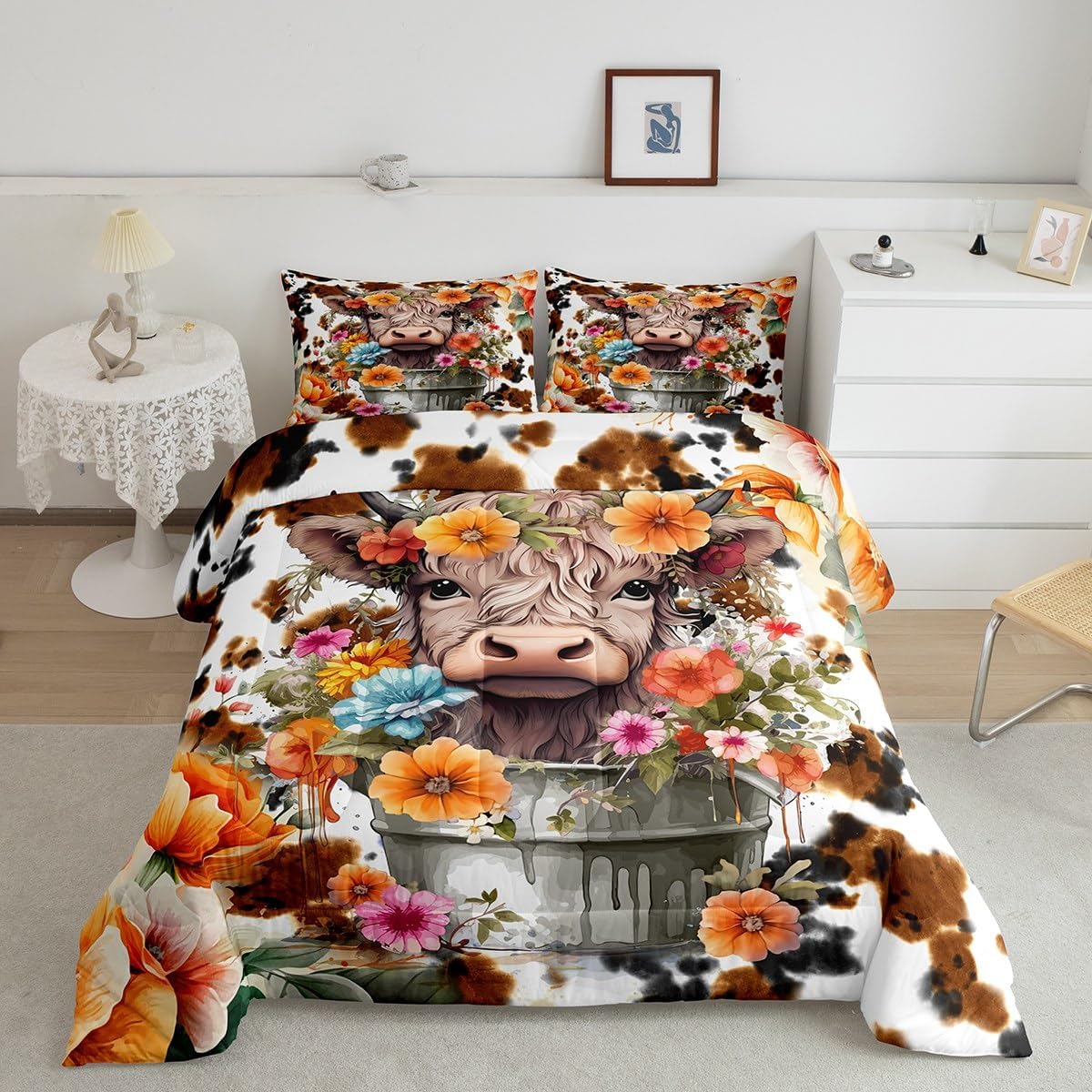 Amazon.com: Highland Cattle Cup Comforter Set for Kids Adults,Retro Cow Skin Farmhouse Animal ...