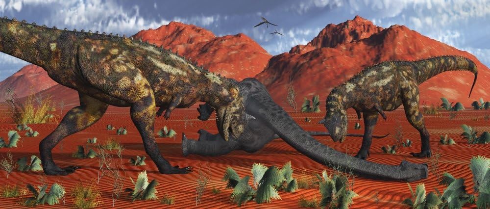 A pair of carnivorous Carnotaurus dinosaurs about to devour the remains ...