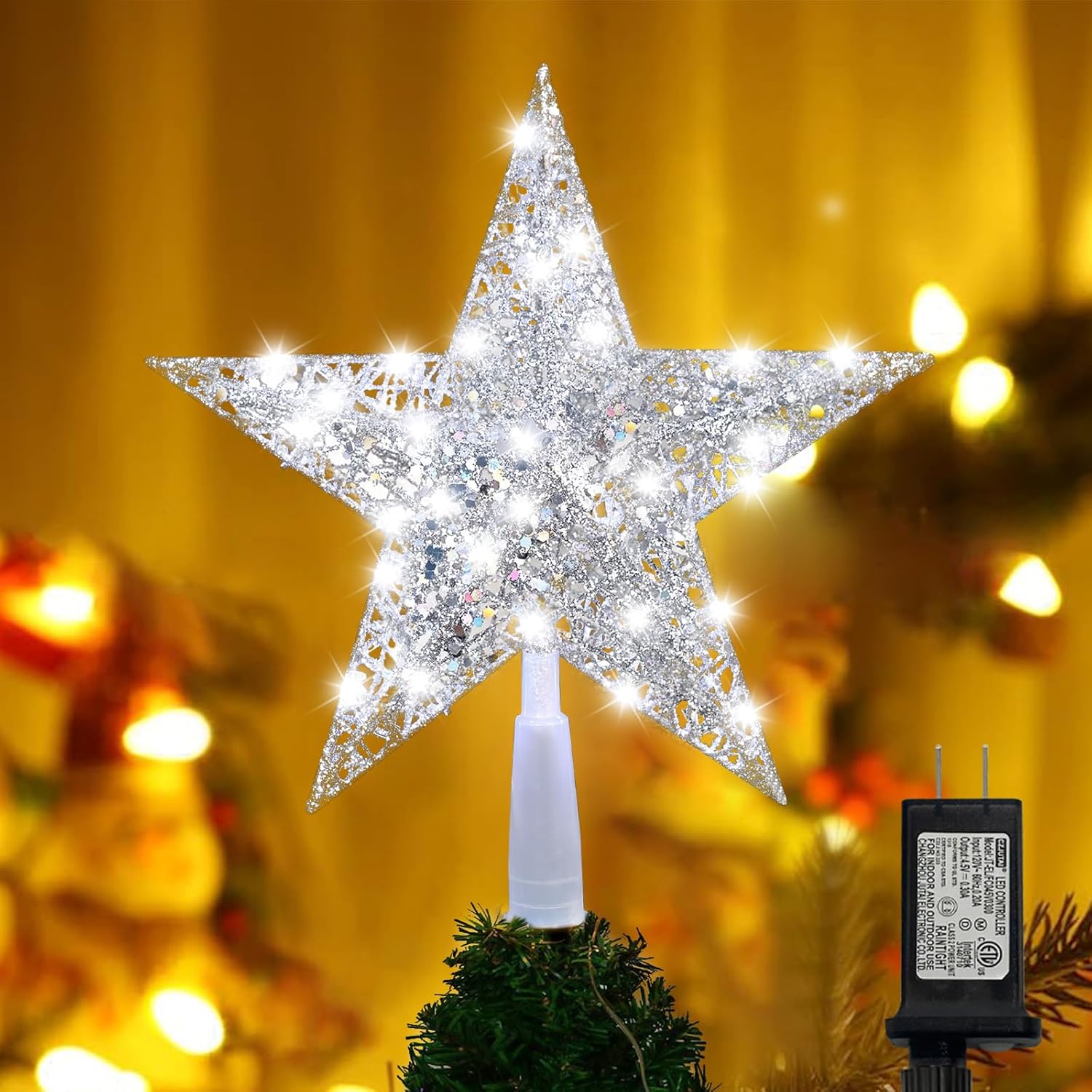 Amazon.com: LAMPHOME Christmas Star Tree Topper, 9.5 in Plug in Sliver ...