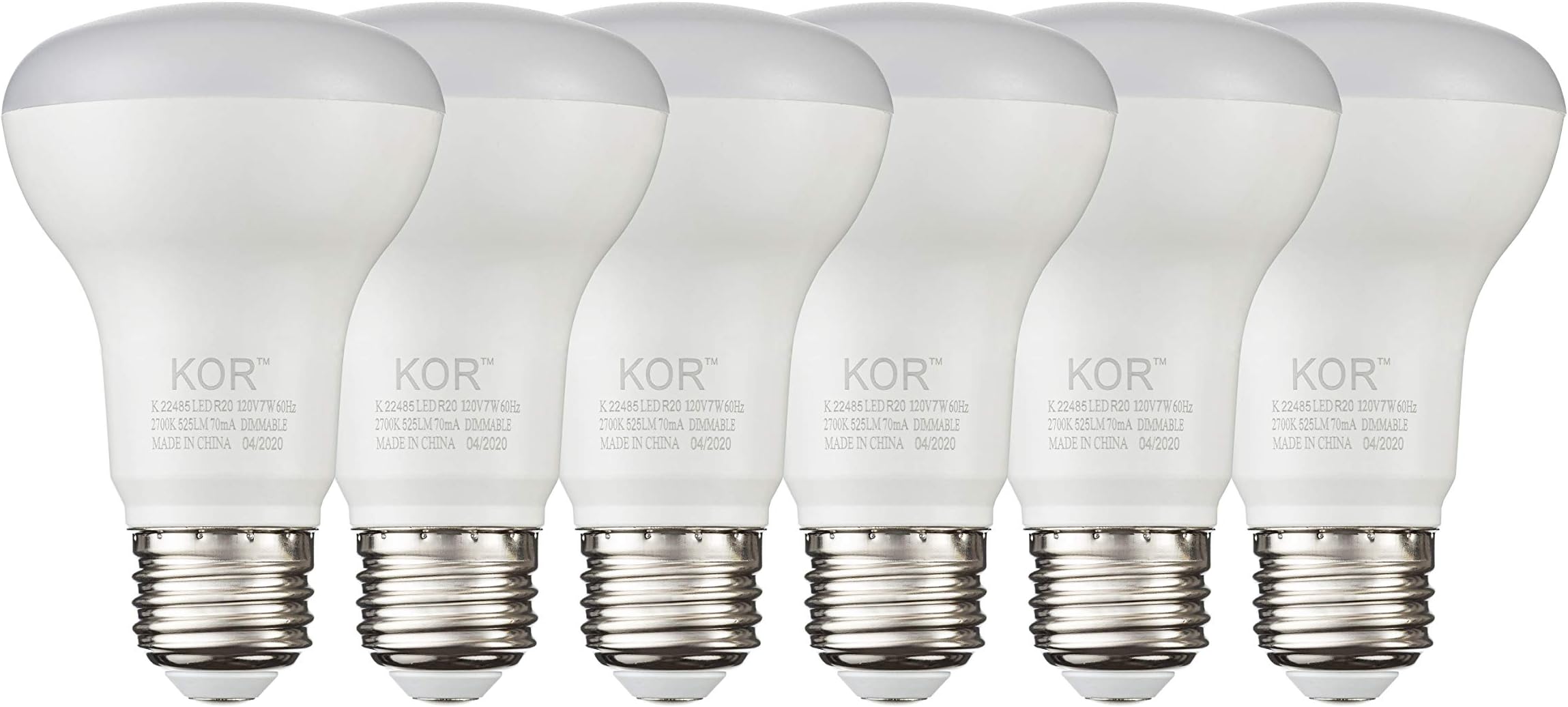 KOR (6 Pack) 7W LED R20 Reflector Light Bulb (50W Equivalent), Dimmable ...