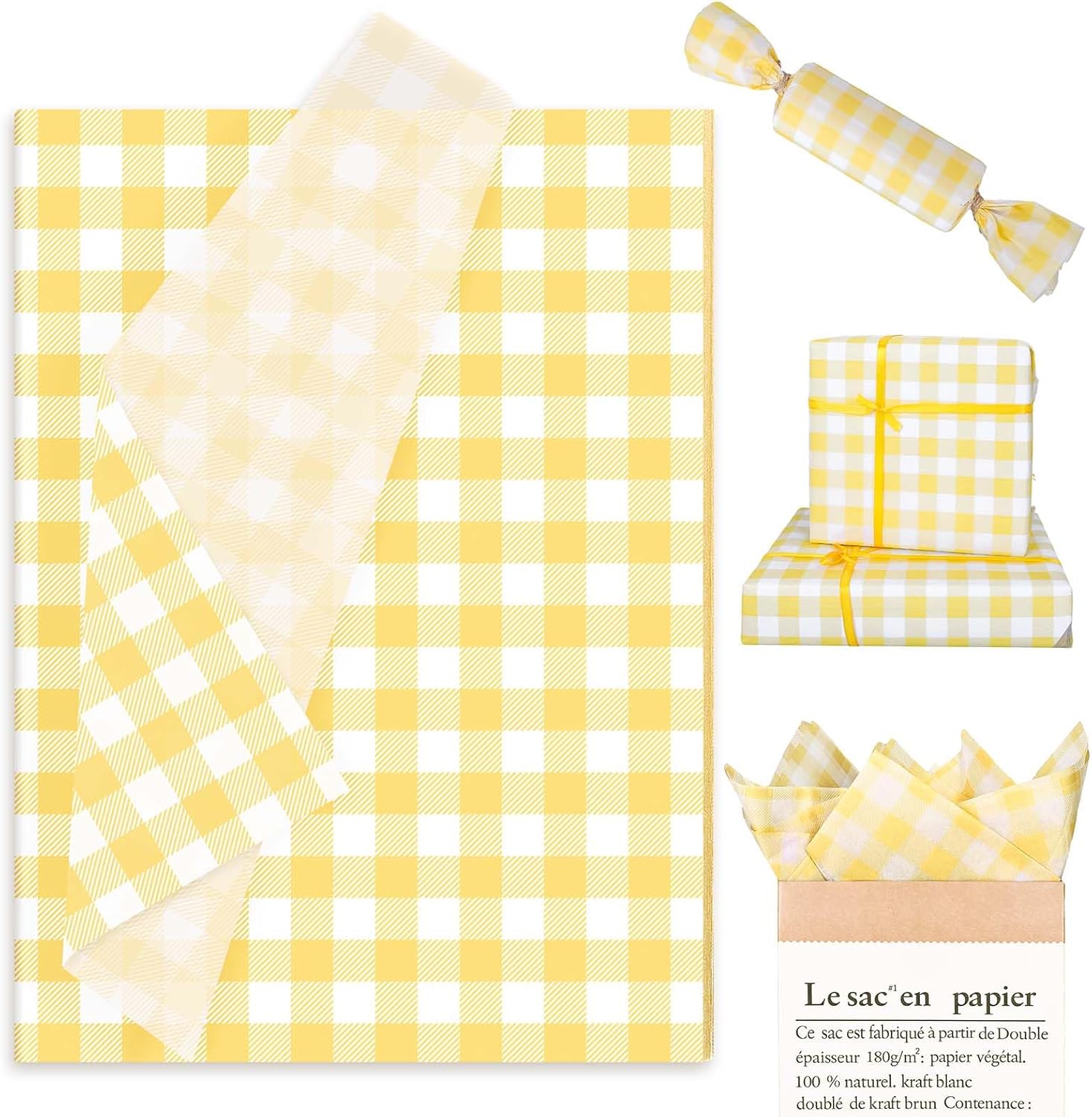 Amazon.com: Whaline 100 Sheets Light Yellow Buffalo Plaid Tissue Paper ...
