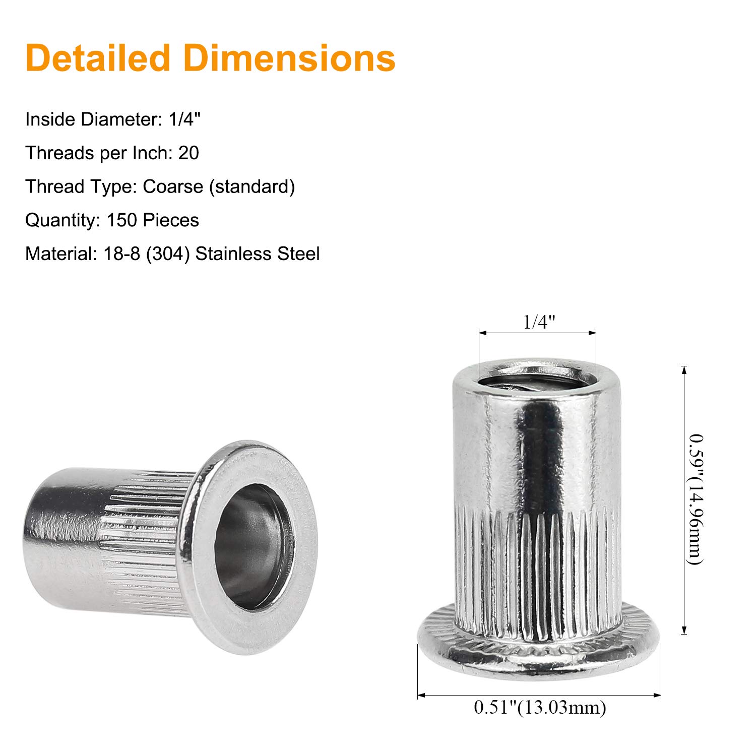Rivet Nutserts 150 Pack 150 Pieces 1/4-20 Stainless Steel Rivet Nuts ...
