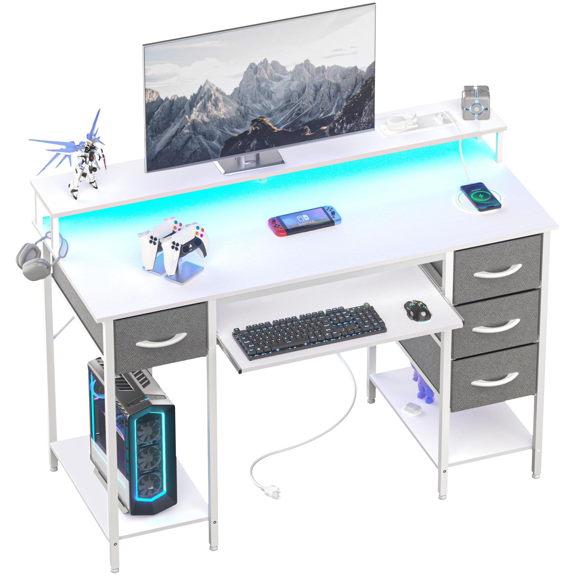 BEXEVUE Computer Desk with Drawers and Power Outlets, 47 Inch Gaming ...